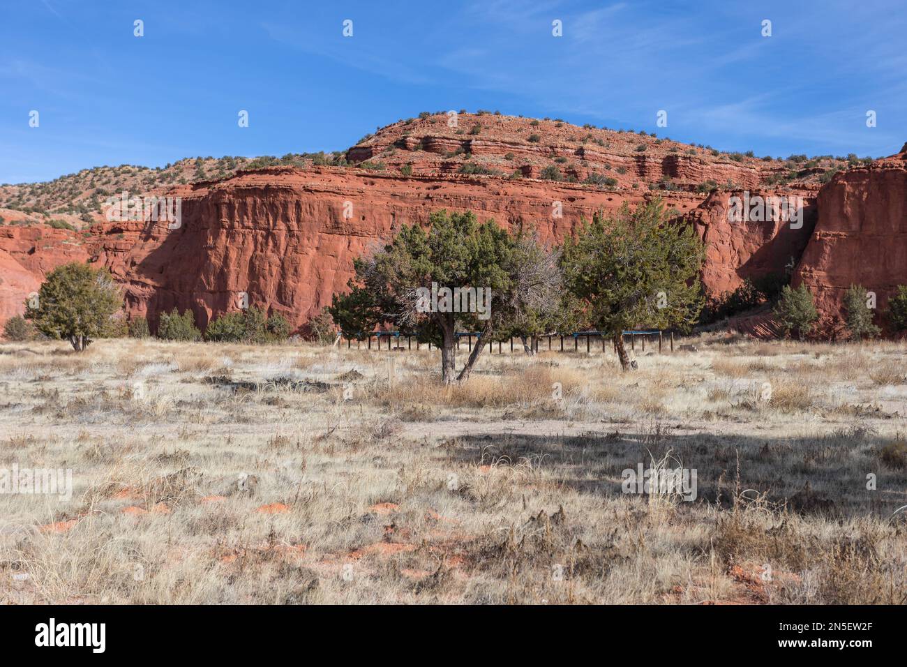 Large red rock cliff face with trees in front in rural New Mexico Stock ...