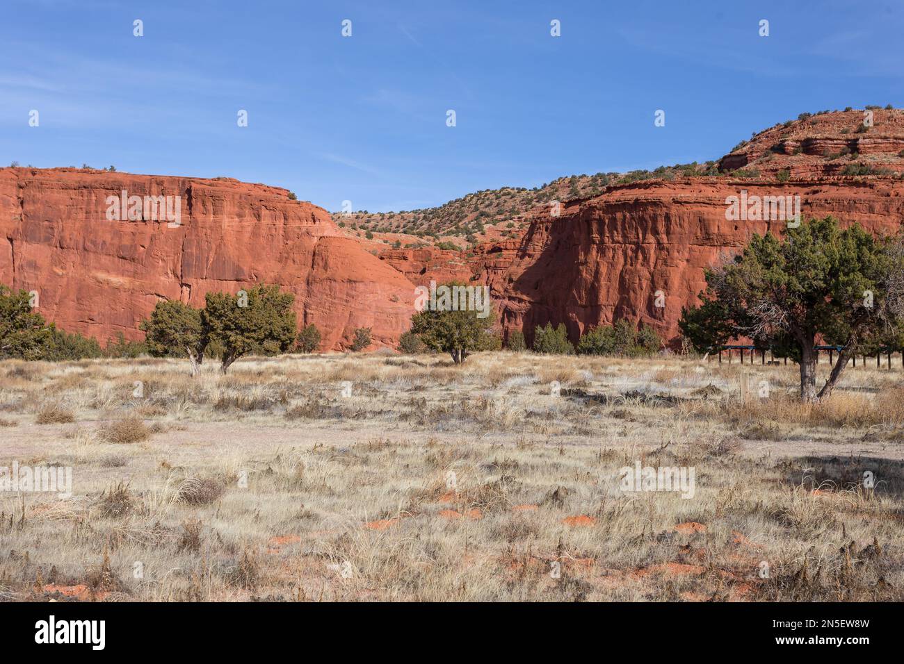 Open grass field leading to large red rock cliff face in rural New ...