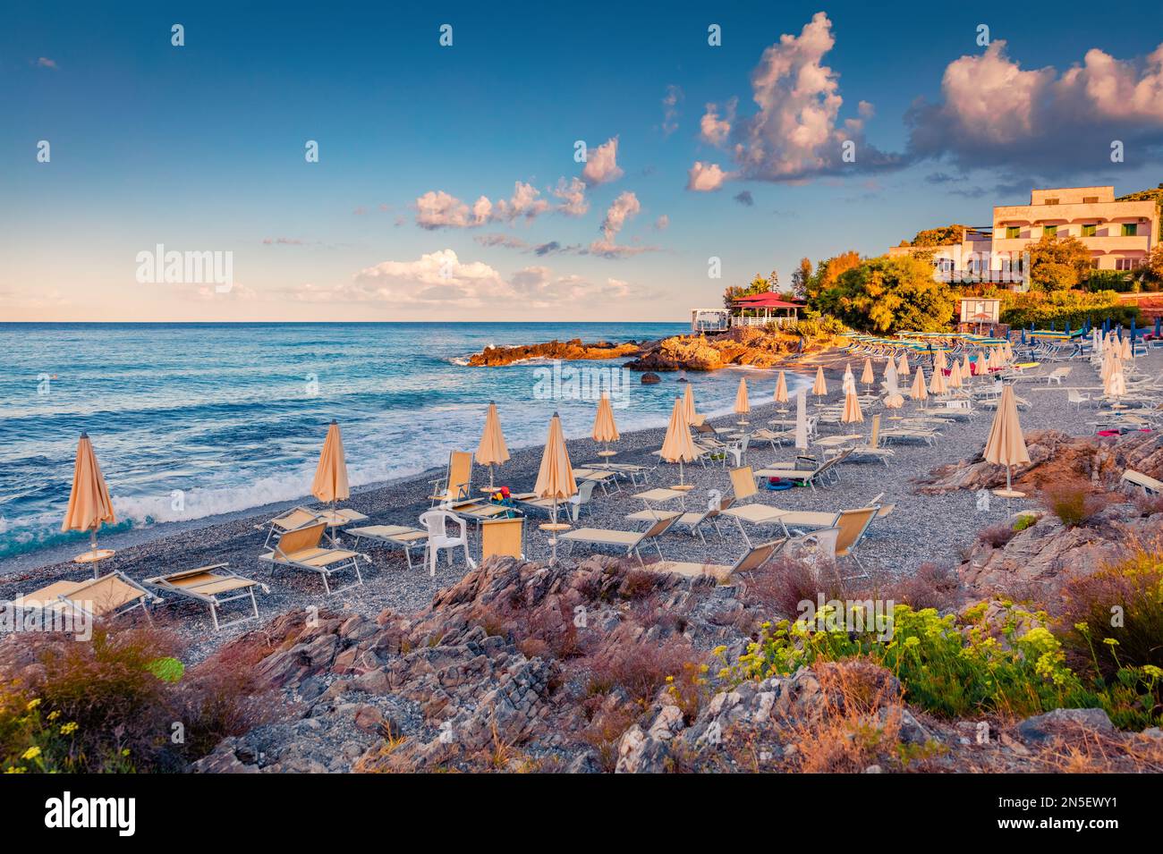 Calm morning view of Cirella publick beach. Splendid summer scene of ...