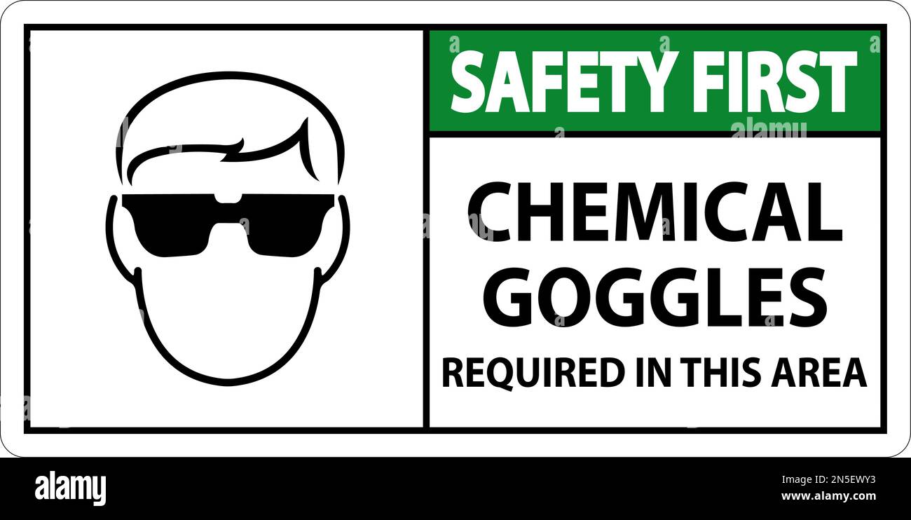 Safety First Chemical Goggles Required Sign On White Background Stock ...