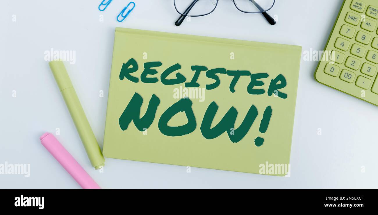 Hand writing sign Register Now. Business overview Name in an Official ...