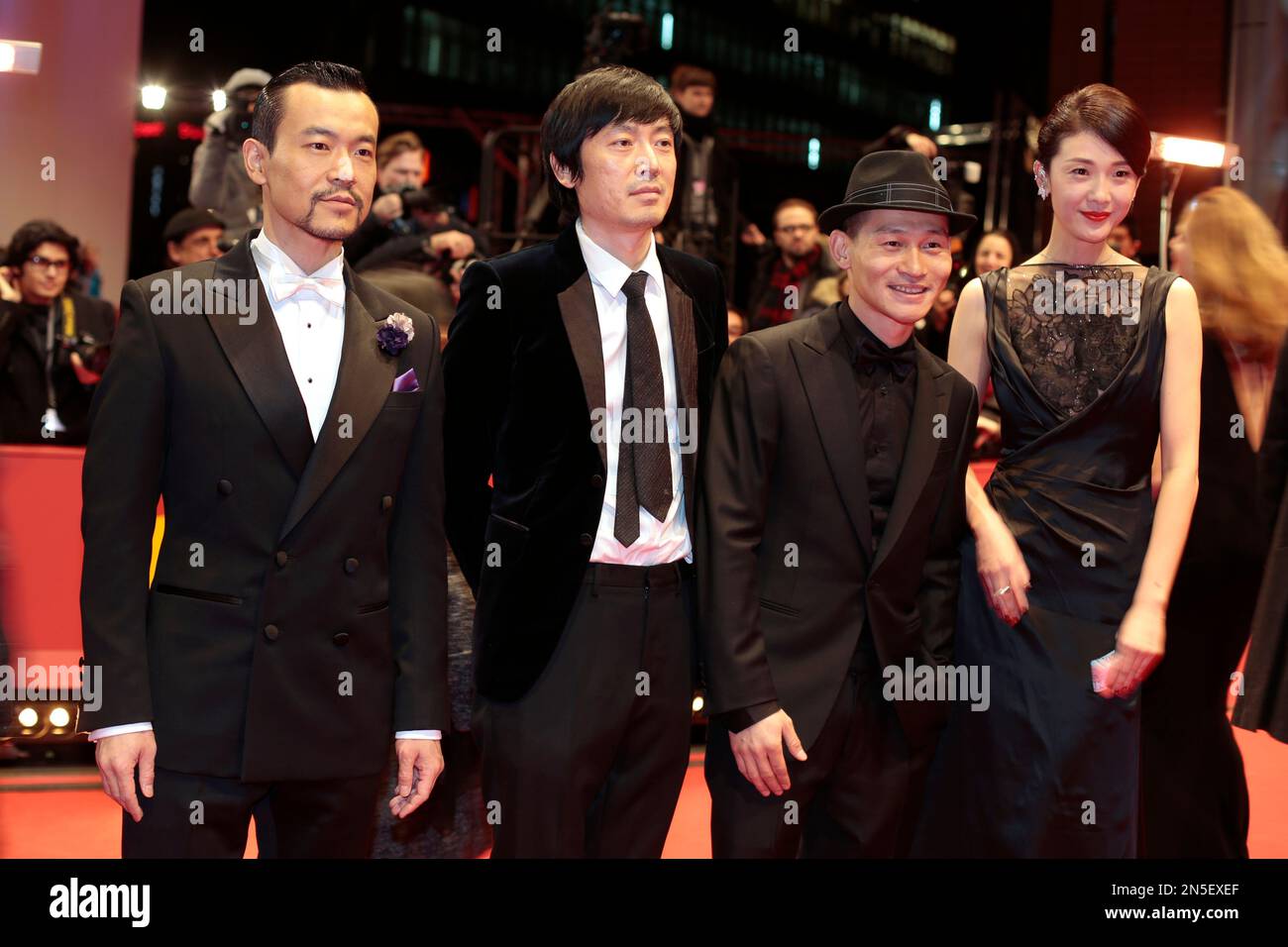 From left, actor Liao Fan, director Diao Yinan, actors Yu Ailei and Ni Jingyang arrive on the ...