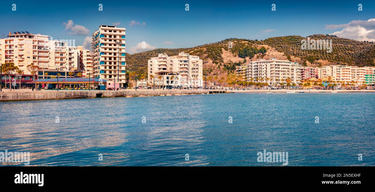Panoramic summer cityscape of Vlore town. Wonderful spring seascape of ...