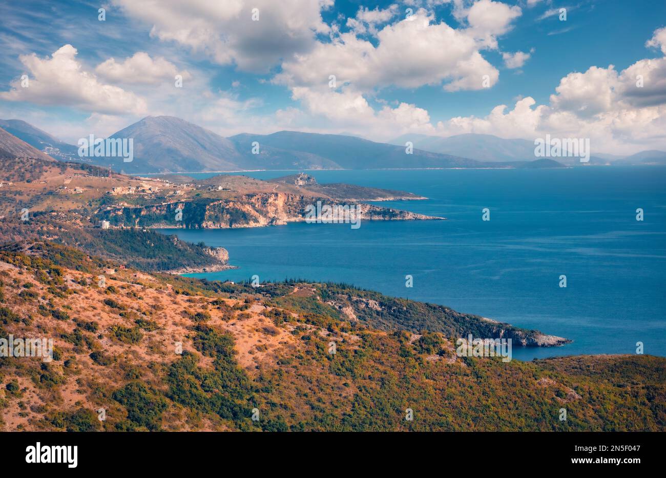 Aerial spring view of outskirts of Himara town, Vlore, Albania, Europe ...