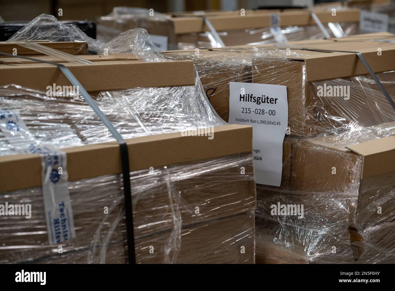 Ulm, Germany. 09th Feb, 2023. Packed cots are ready for transport at ...