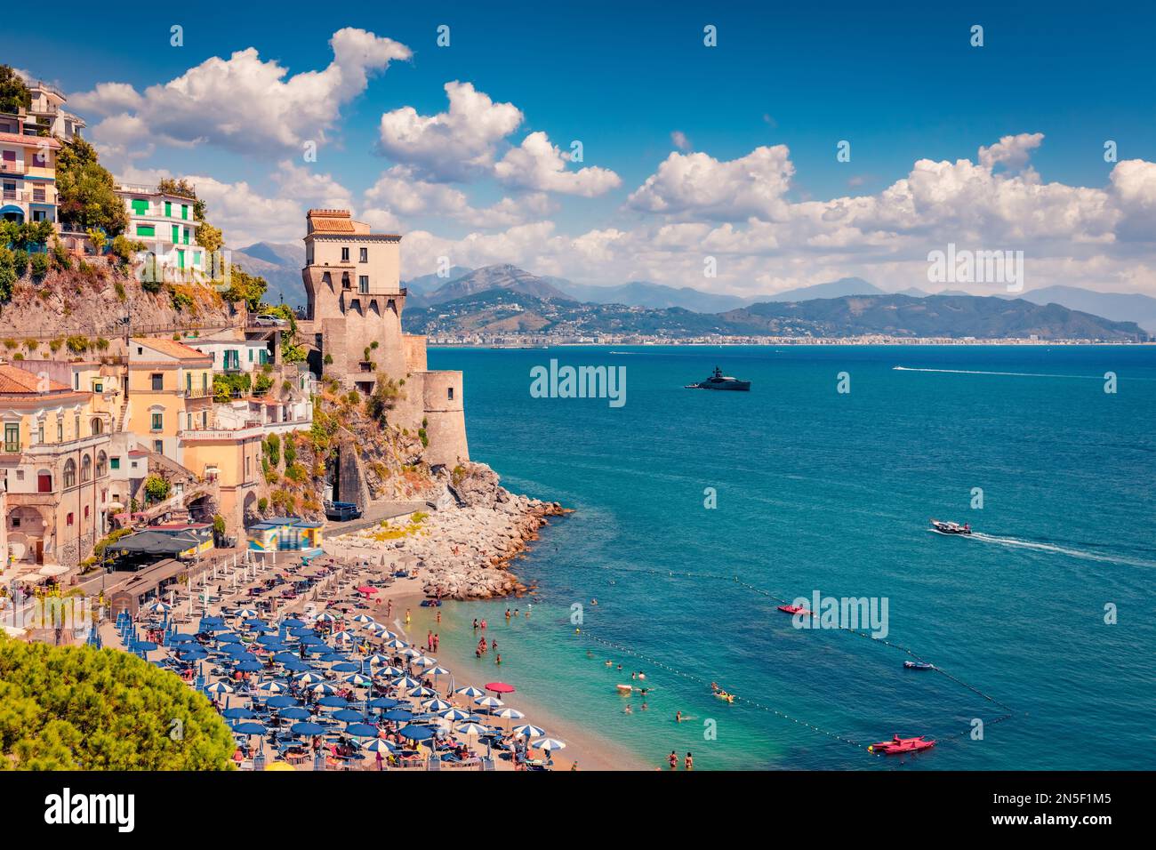 Gorgeous summer view of historical landmark - Torre di Cetara tower ...