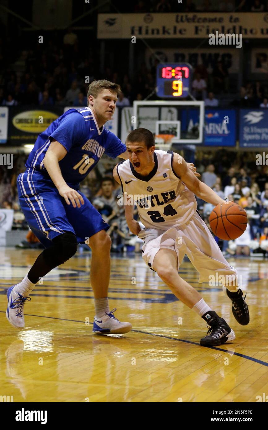 Butler guard Kellen Dunham, right, drives on Creighton guard Grant ...