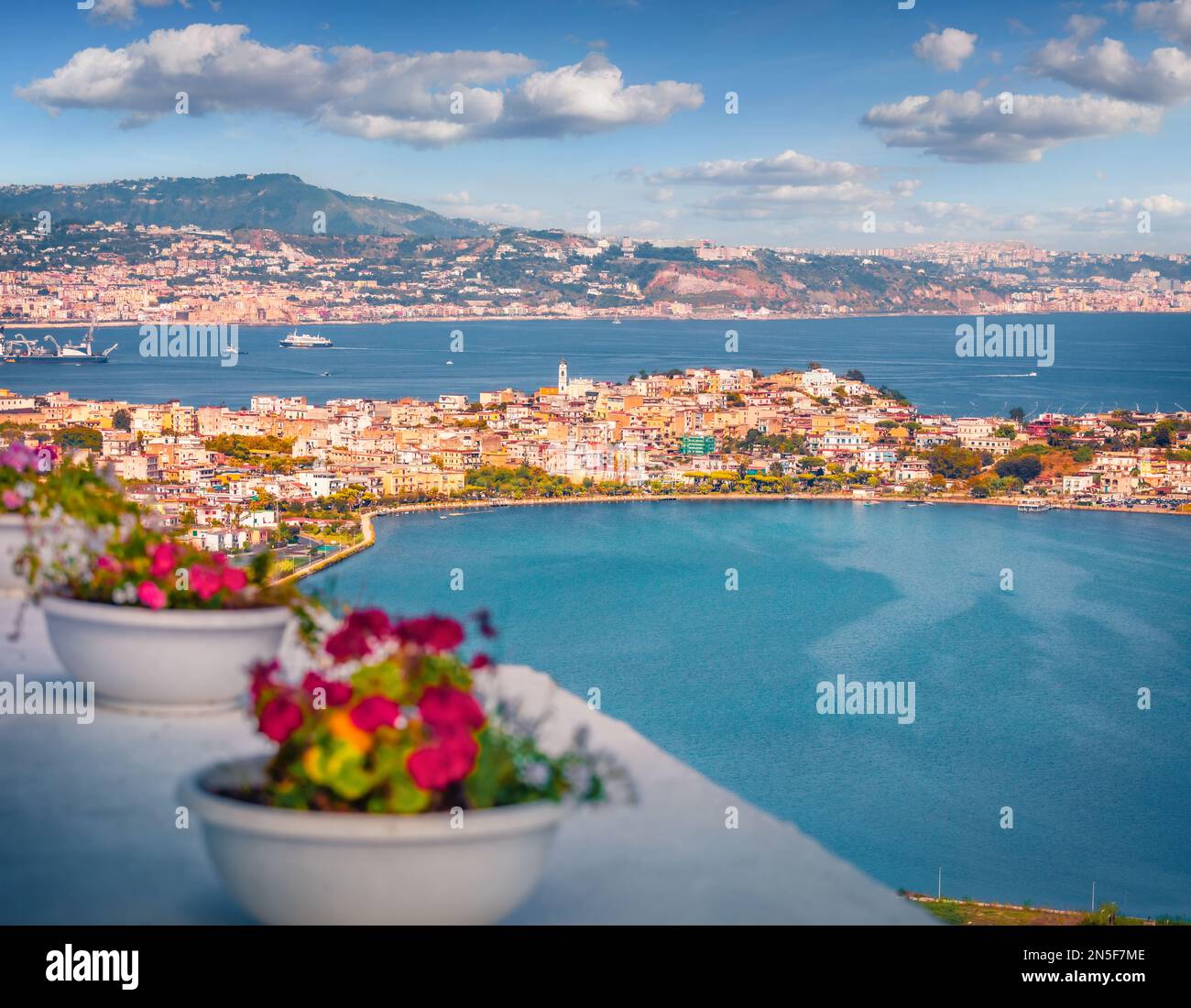 Aerial summer cityscape of Bacoli town and Miseno lake, Italy, Europe ...