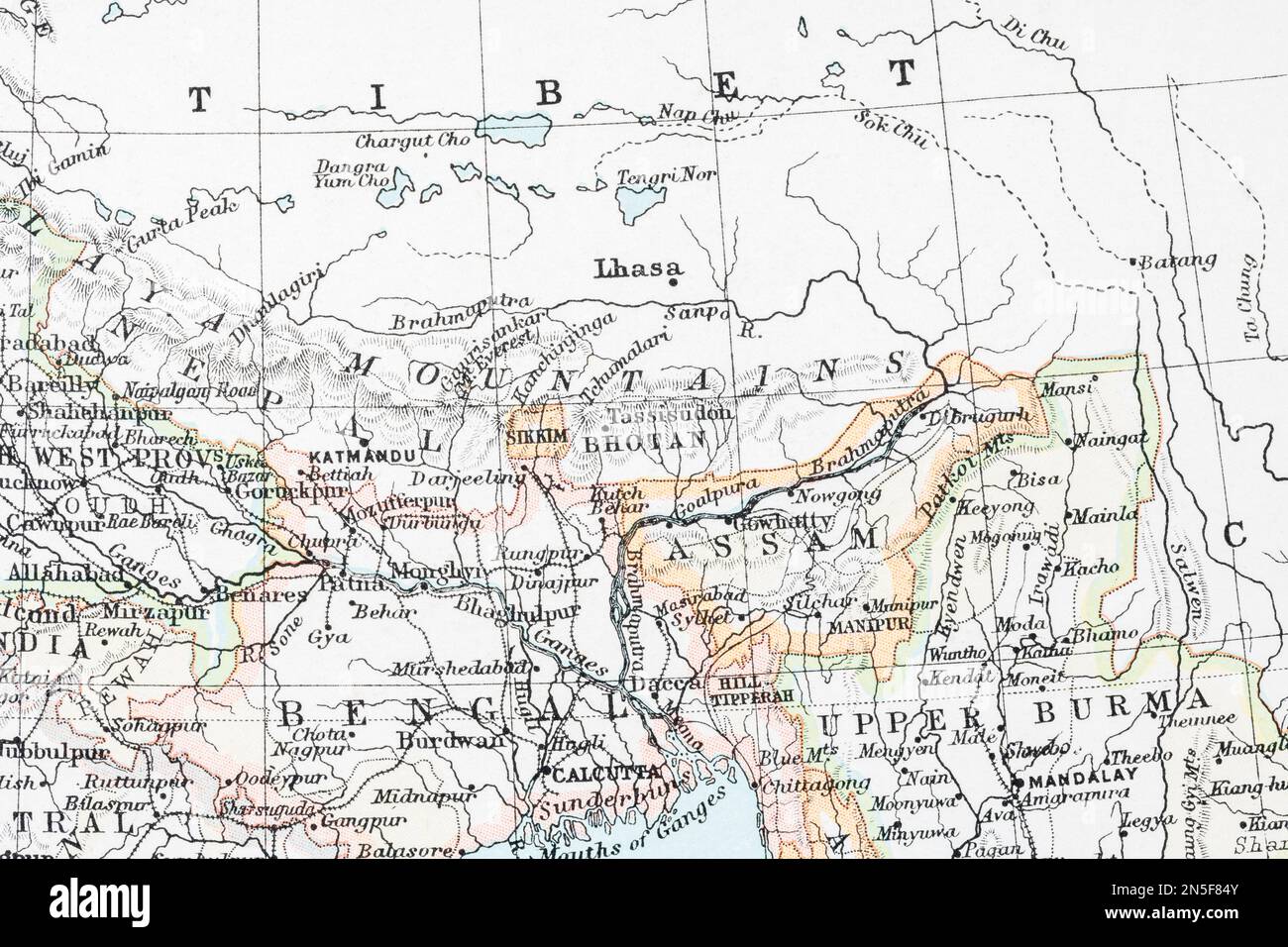 1890s historic atlas map of China-India disputed border, with Nepal ...