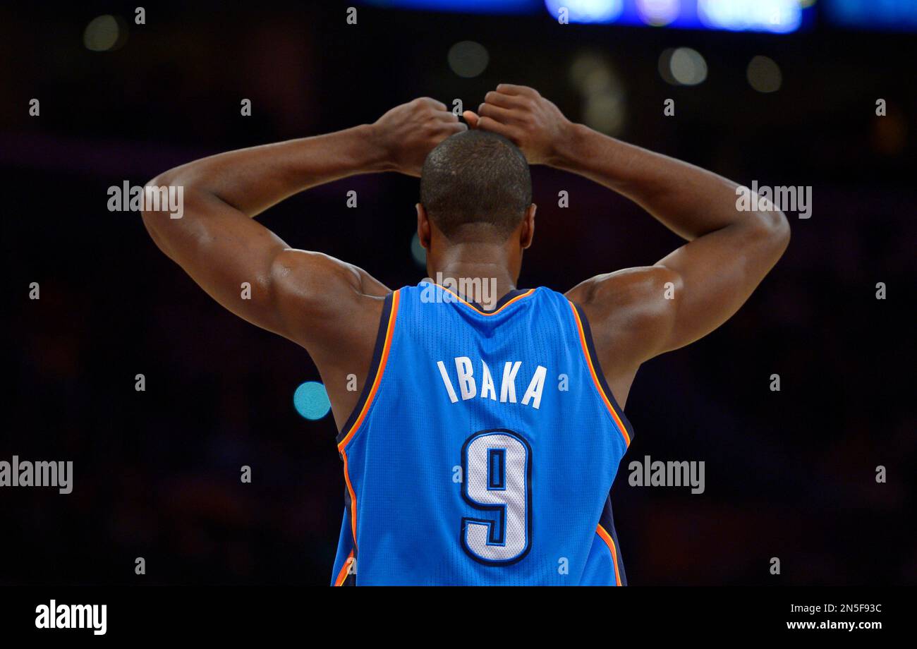 Oklahoma City Thunder power forward Serge Ibaka, of Congo, gestures ...