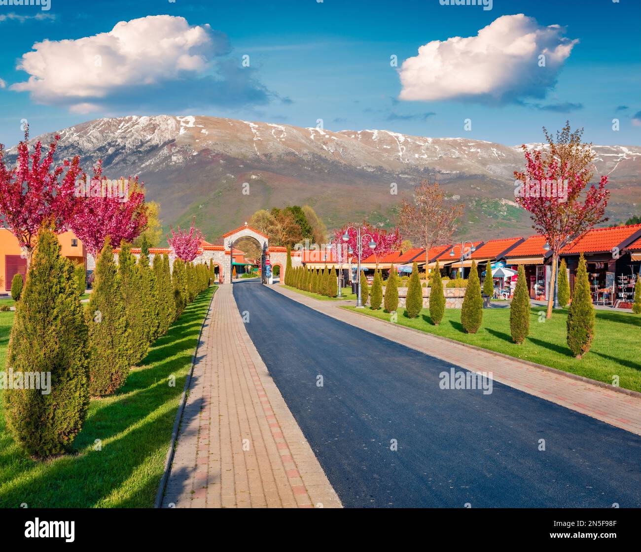 Blooming cherry trees in garden of St. Naum Monastery on the shore of Ohrid lake. Bright spring ...