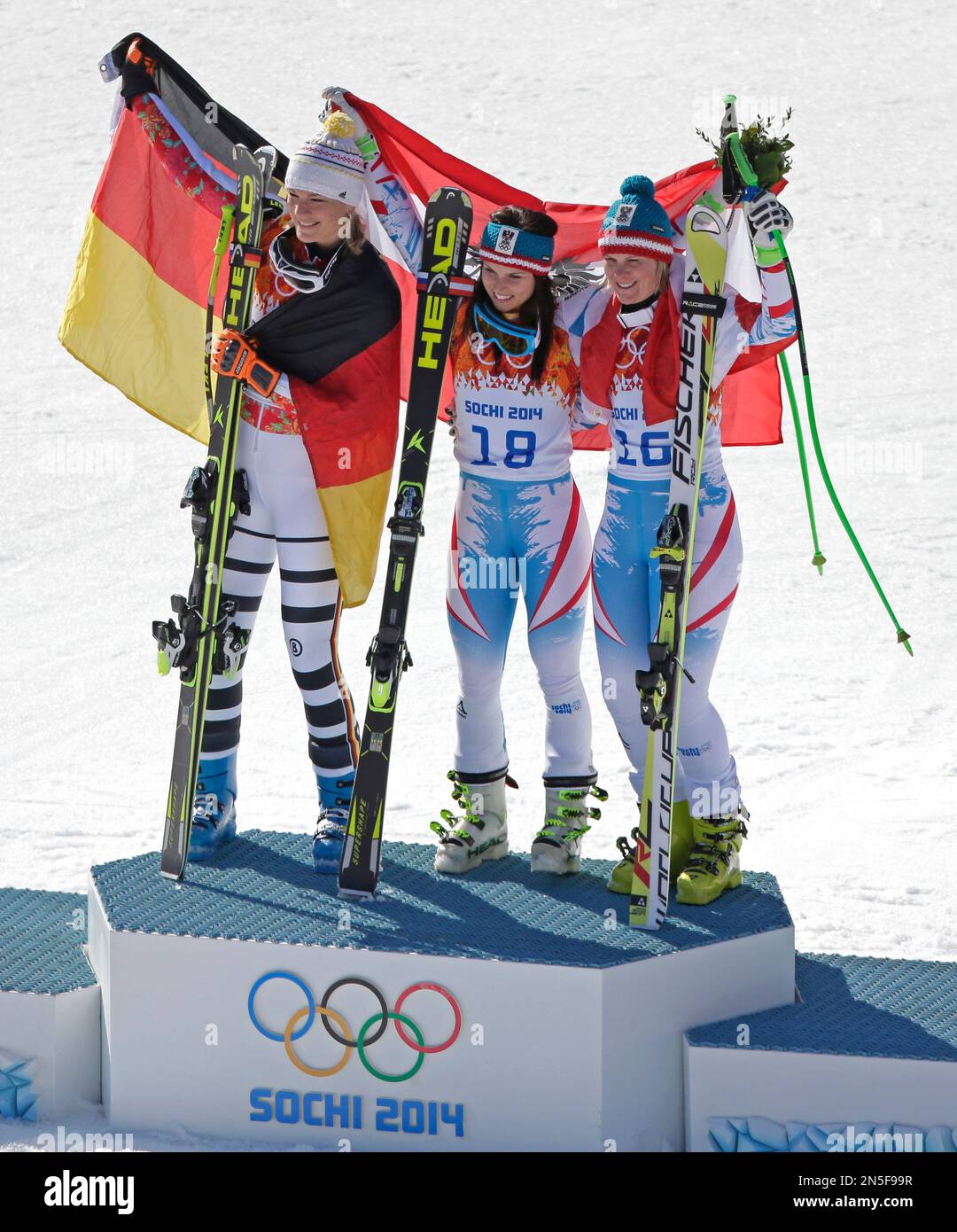 Women's super-G medalists from left, Germany's Maria Hoefl-Riesch (silver), Austria's Anna ...