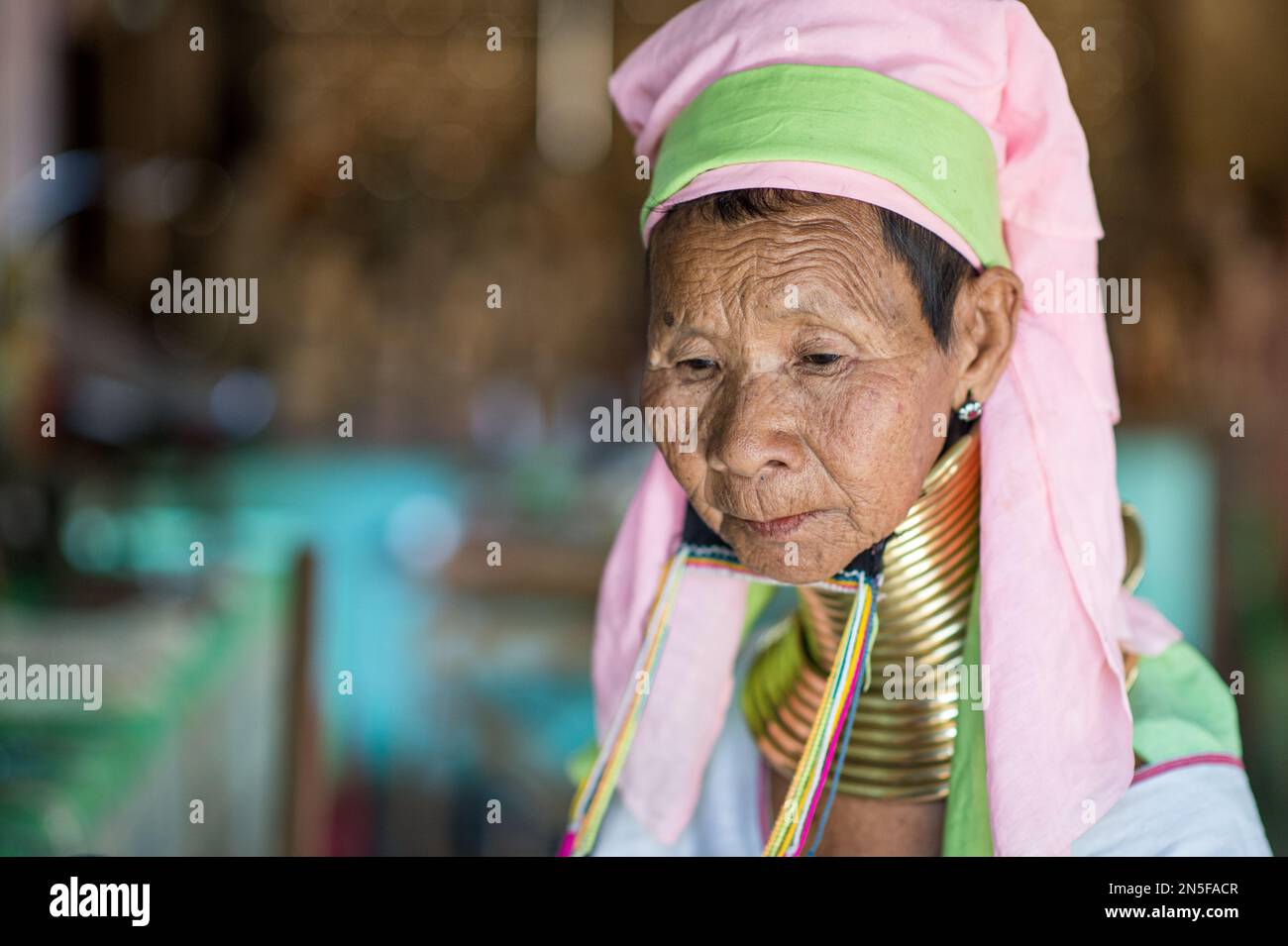 Portrait of a long neck Kayan woman in Bagan, Myanmar. Brass coils ...