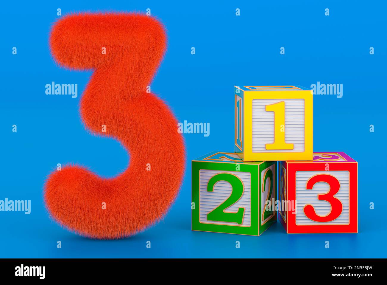 Fluffy number 3 with three abc cubes, 3D rendering on blue background ...