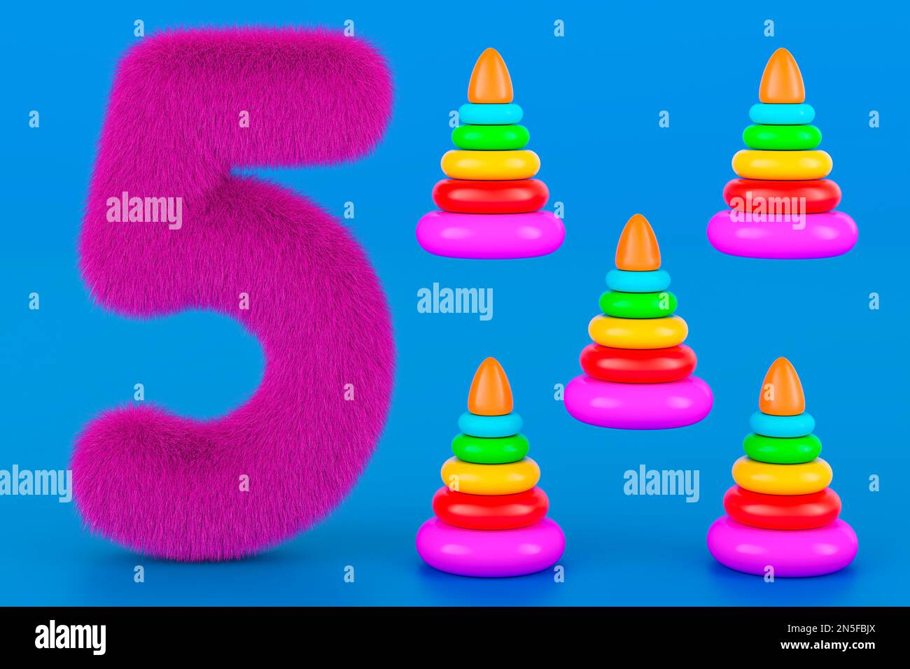 Fluffy number 5 with five pyramids, 3D rendering on blue background ...