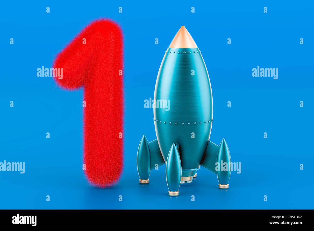 Fluffy number 1 with rocket, 3D rendering on blue background Stock ...