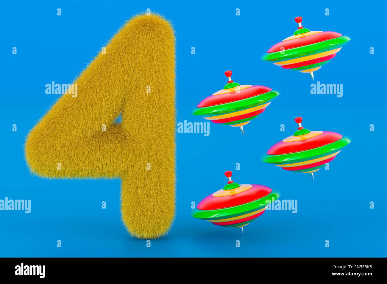 Fluffy number 4 with four whirligig tops, 3D rendering on blue ...