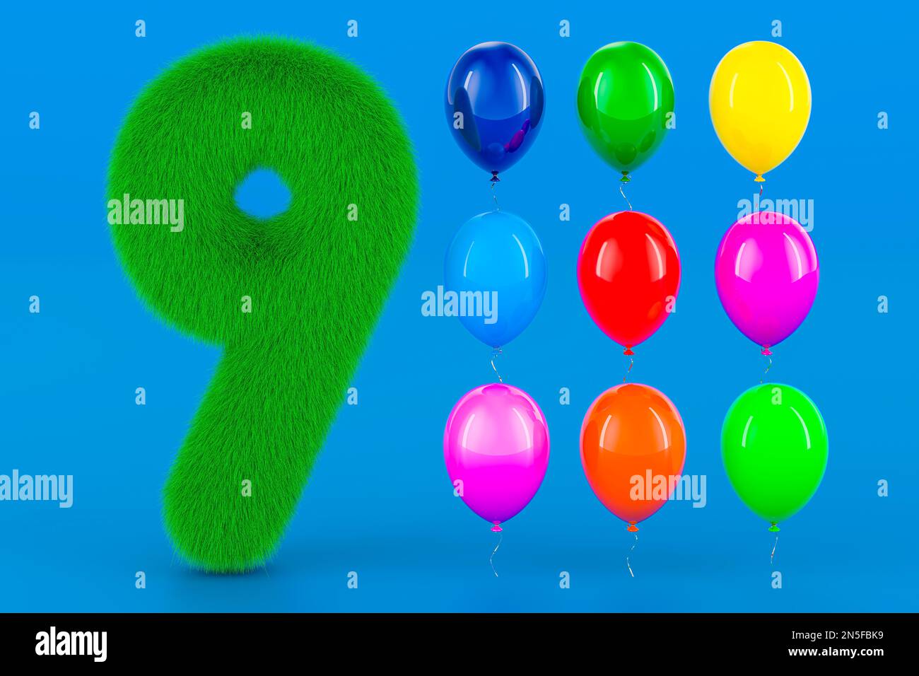 Fluffy number 9 with nine colored balloons, 3D rendering on blue ...