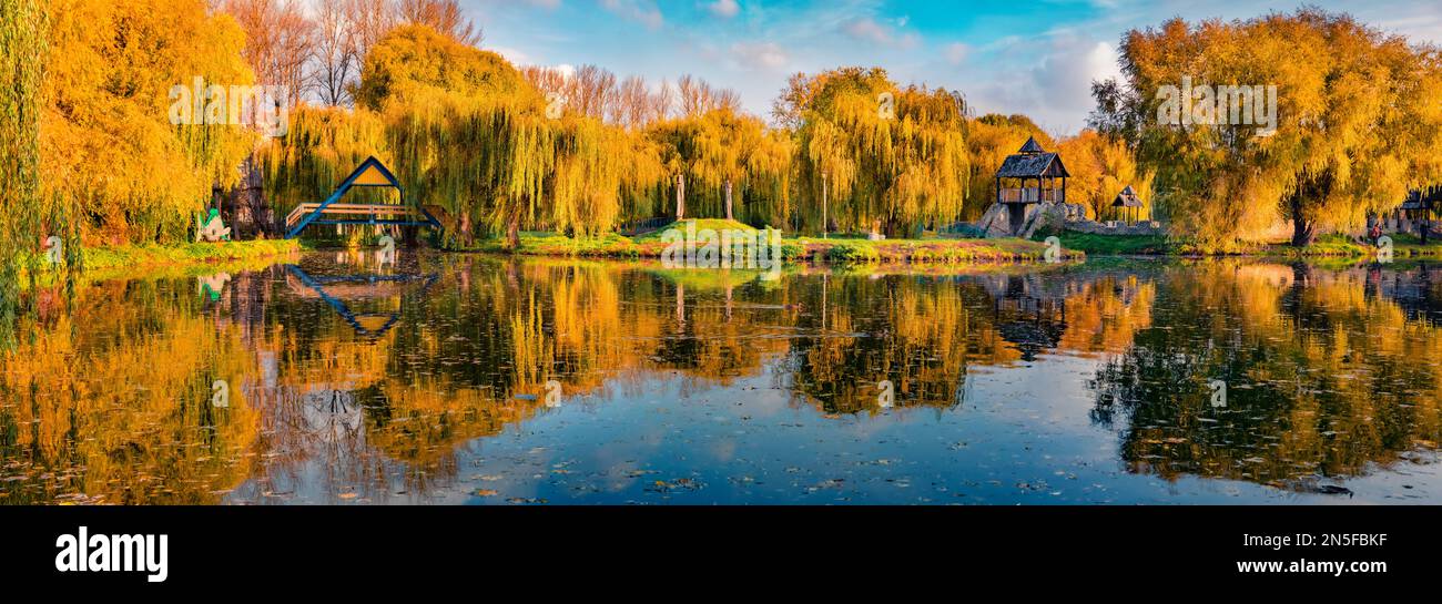 Sunny autumn scene of city park. Panoramic morning view of orange trees ...