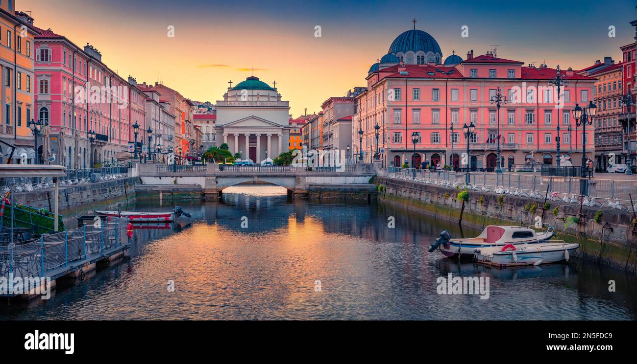 Colorful summer sunrise in Trieste, Italy, Europe. Great morning view ...