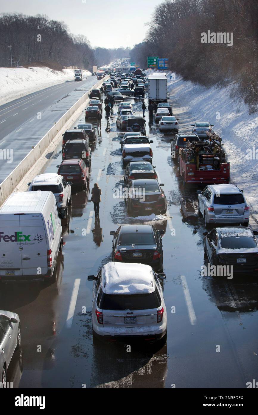 Vehicles are piled up in an accident, Friday, Feb. 14, 2014, in Bensalem, Pa. Traffic accidents ...