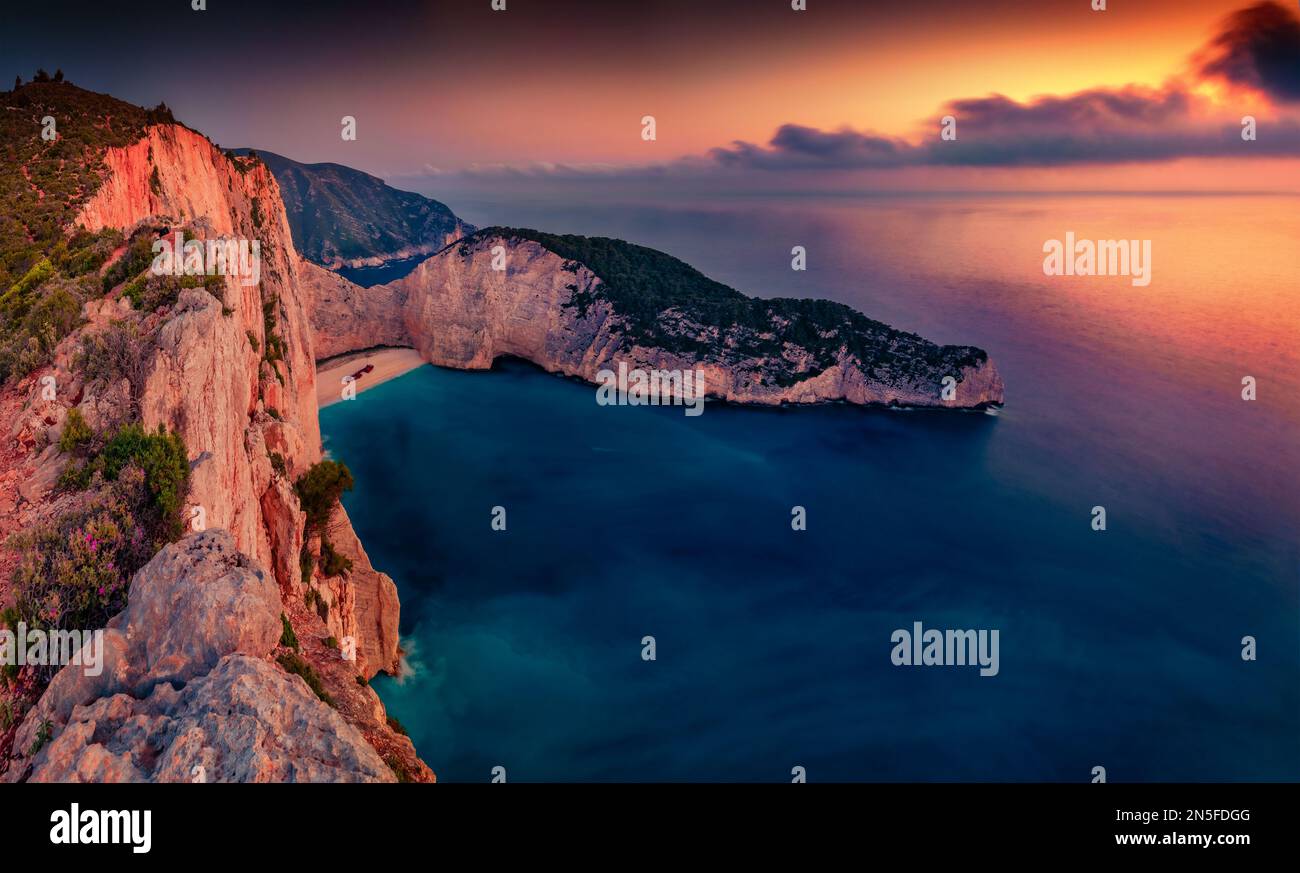Unbelievable summer view of Shipwreck Beach. Dramatic sunset on Ionian ...