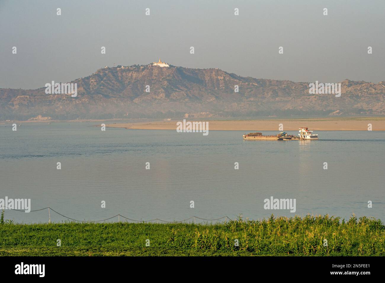 Irrawaddy River at dawn viewed from a waterfront hotel in Bagan ...