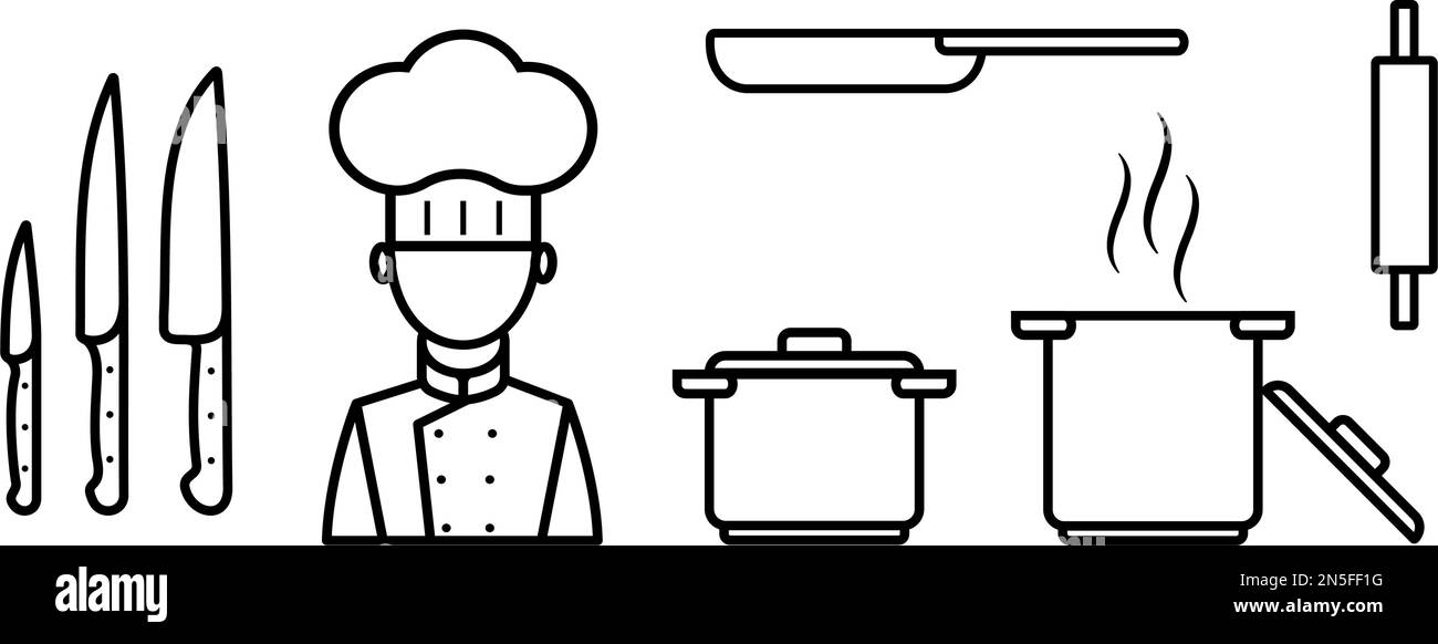 Chef icon set. Collection of cooking kitchen utensils. Outline style ...