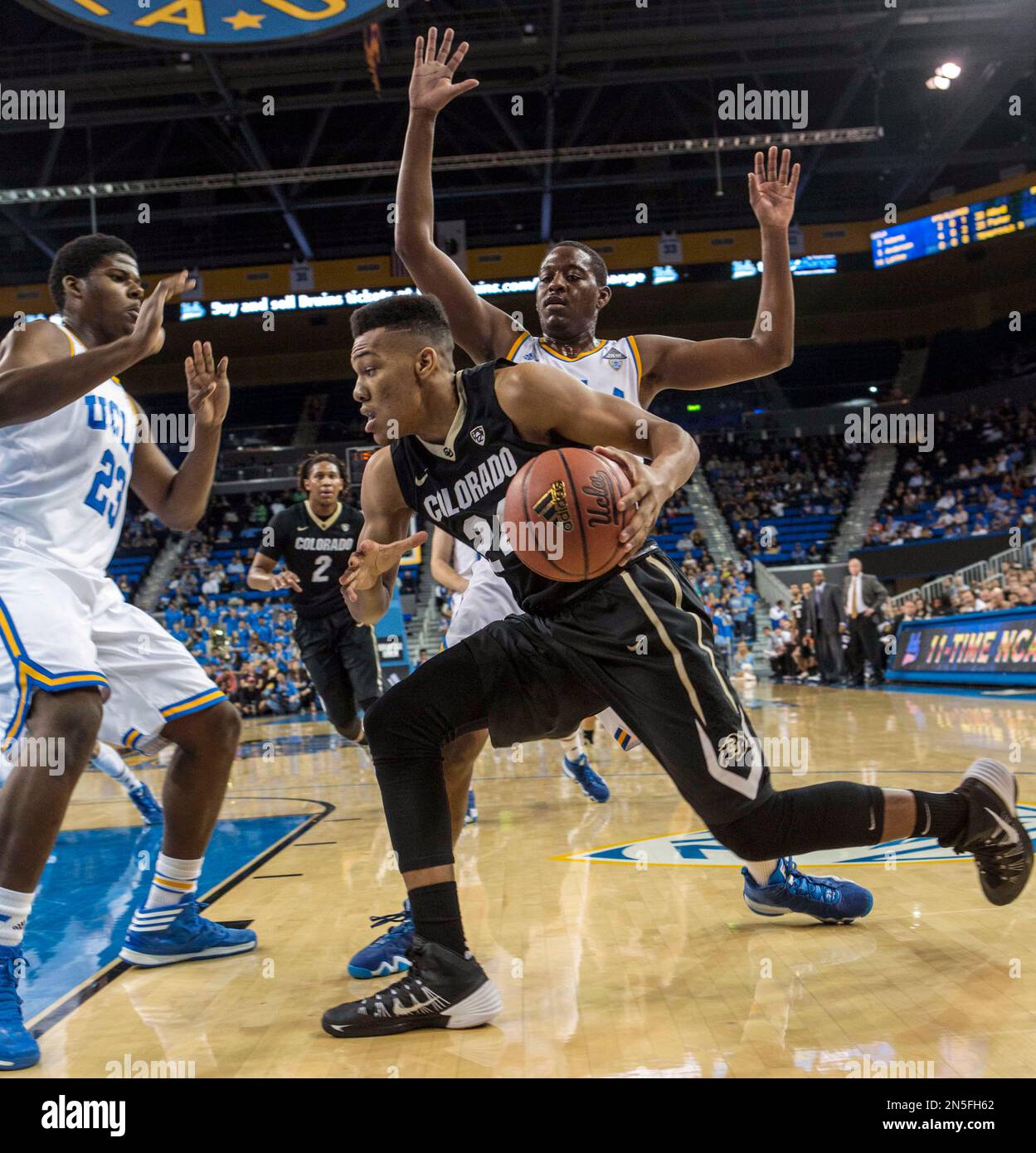 Colorado guard George King, front, drives against UCLA guard Jordan ...