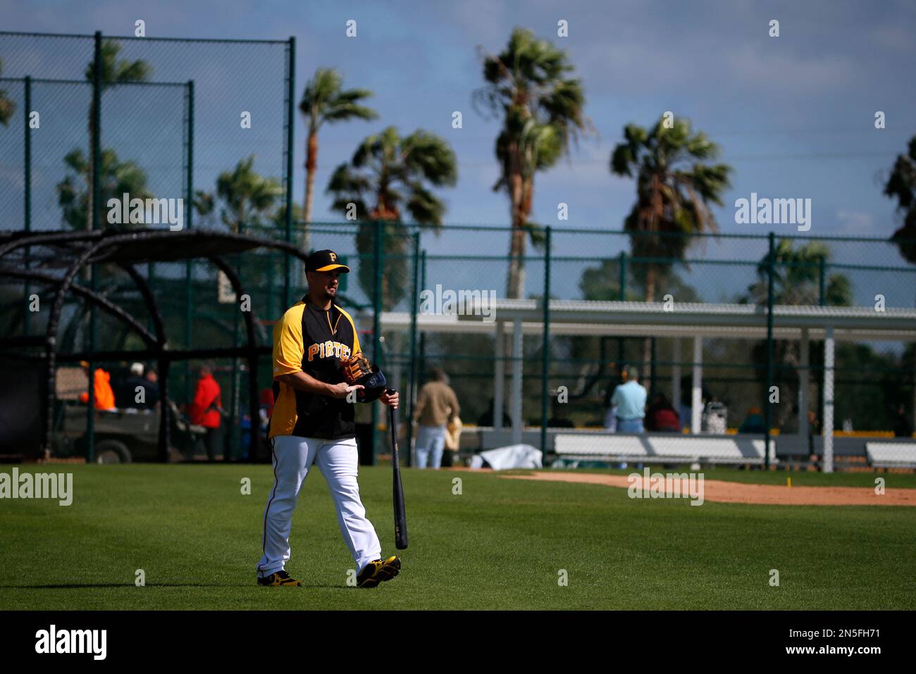 Pittsburgh Pirates first baseman Gaby Sanchez walks across the practice ...