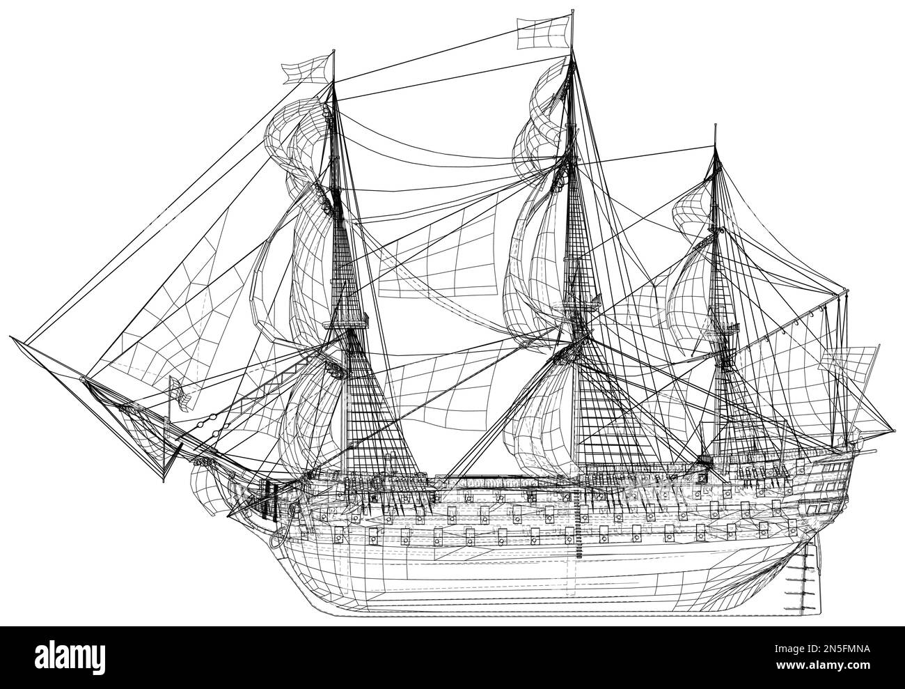 Vintage ship. The layers of visible and invisible lines are separated ...