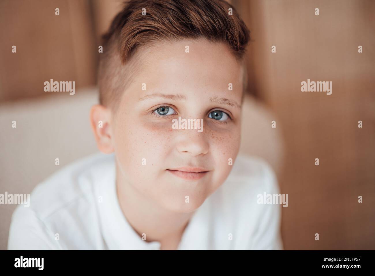 Generation Z teenager redhead boy with freckles posing at apartment in ...