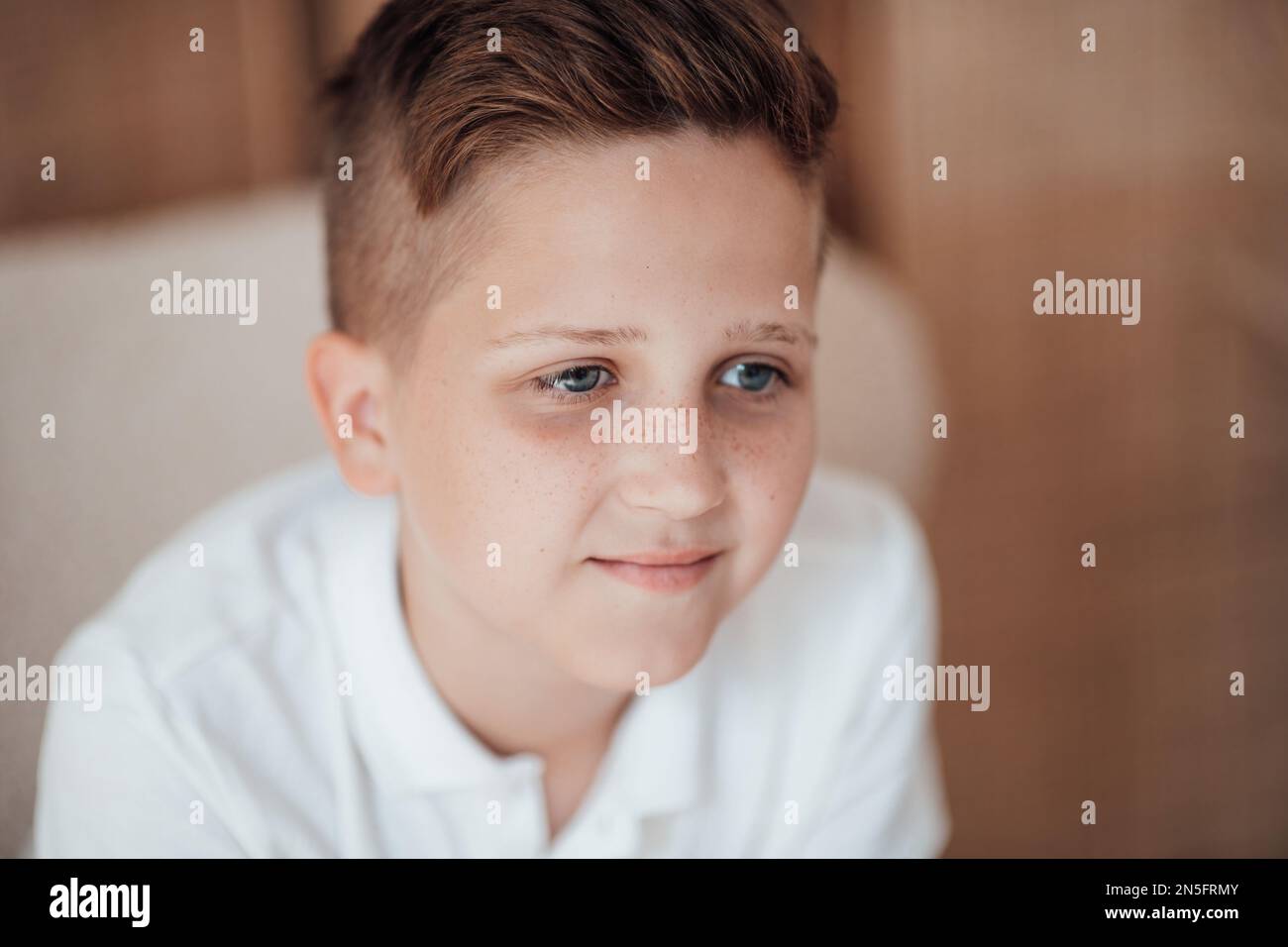 Generation Z teenager redhead boy with freckles posing at apartment in ...
