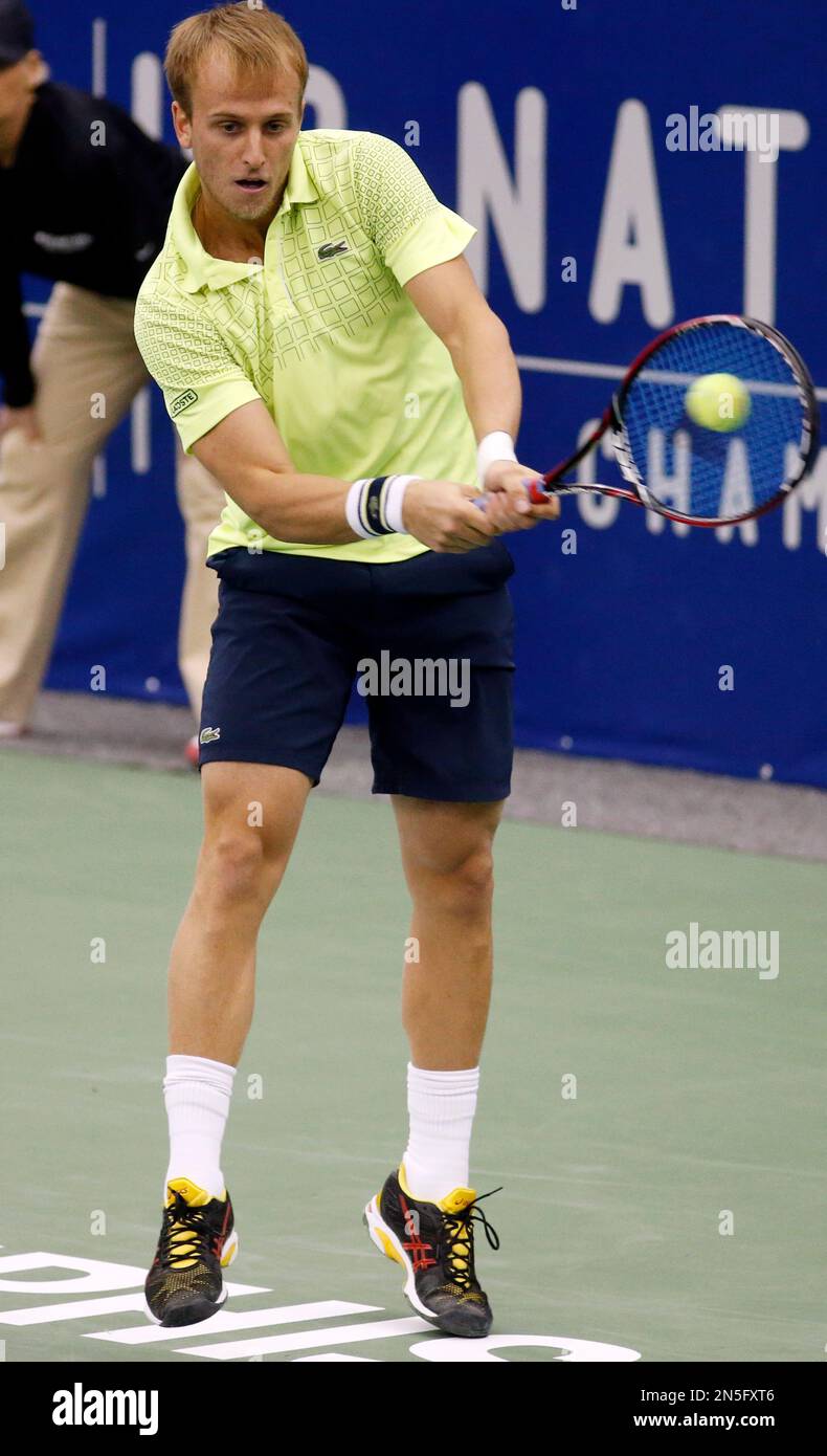 Denis Kudla hits a return to Donald Young in the second round match at ...
