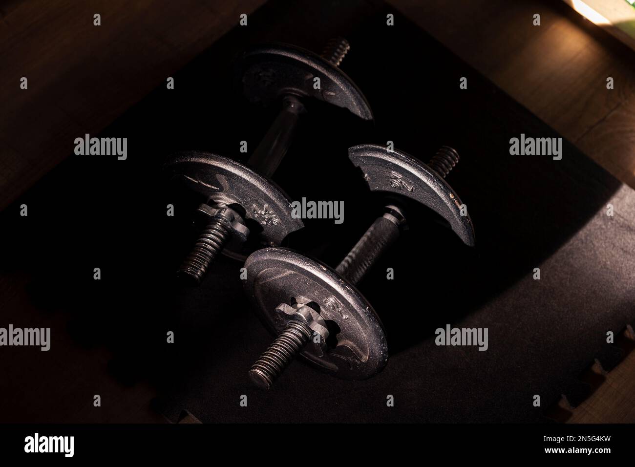 A dark close portrait of two dumbbell weights lying on a small mat ...