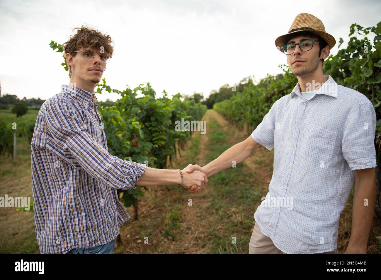 Two winemakers shaking hands, partnership between farmers in the ...