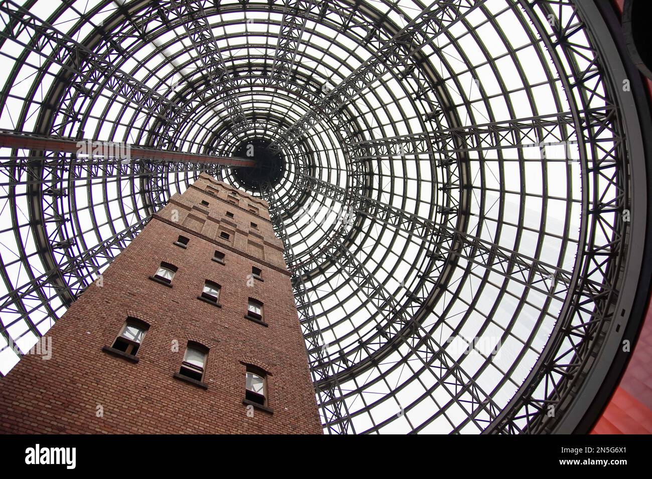 A look up shot at Coop's Shot Tower and glass cone of Melbourne Central ...