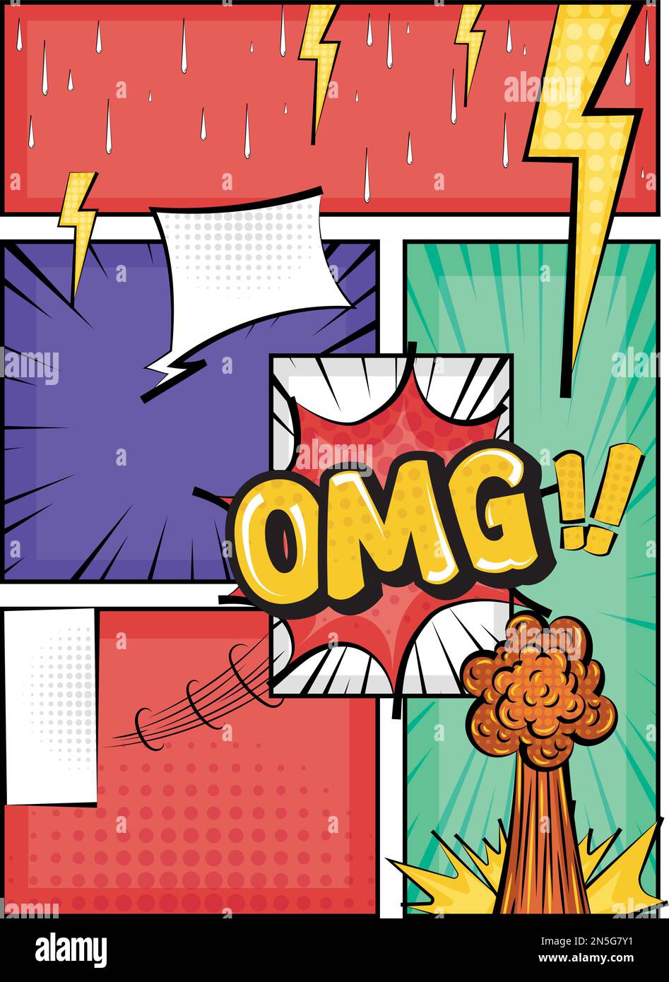 Colored comic cover page with explossion and speech bubbles Vector ...