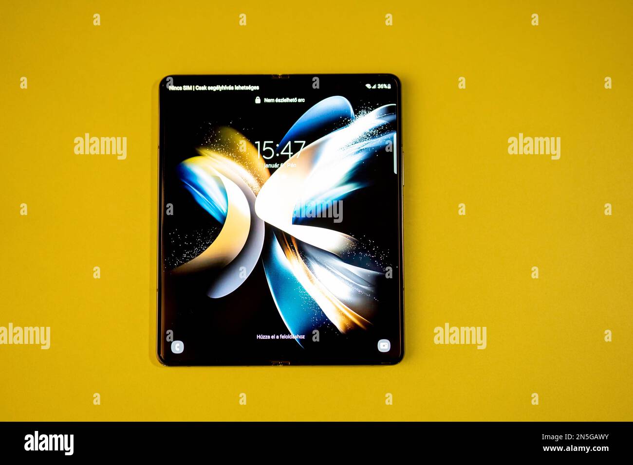 Brand new Samsung Galaxy Z Fold 4 in grey-green color. Close up of new ...