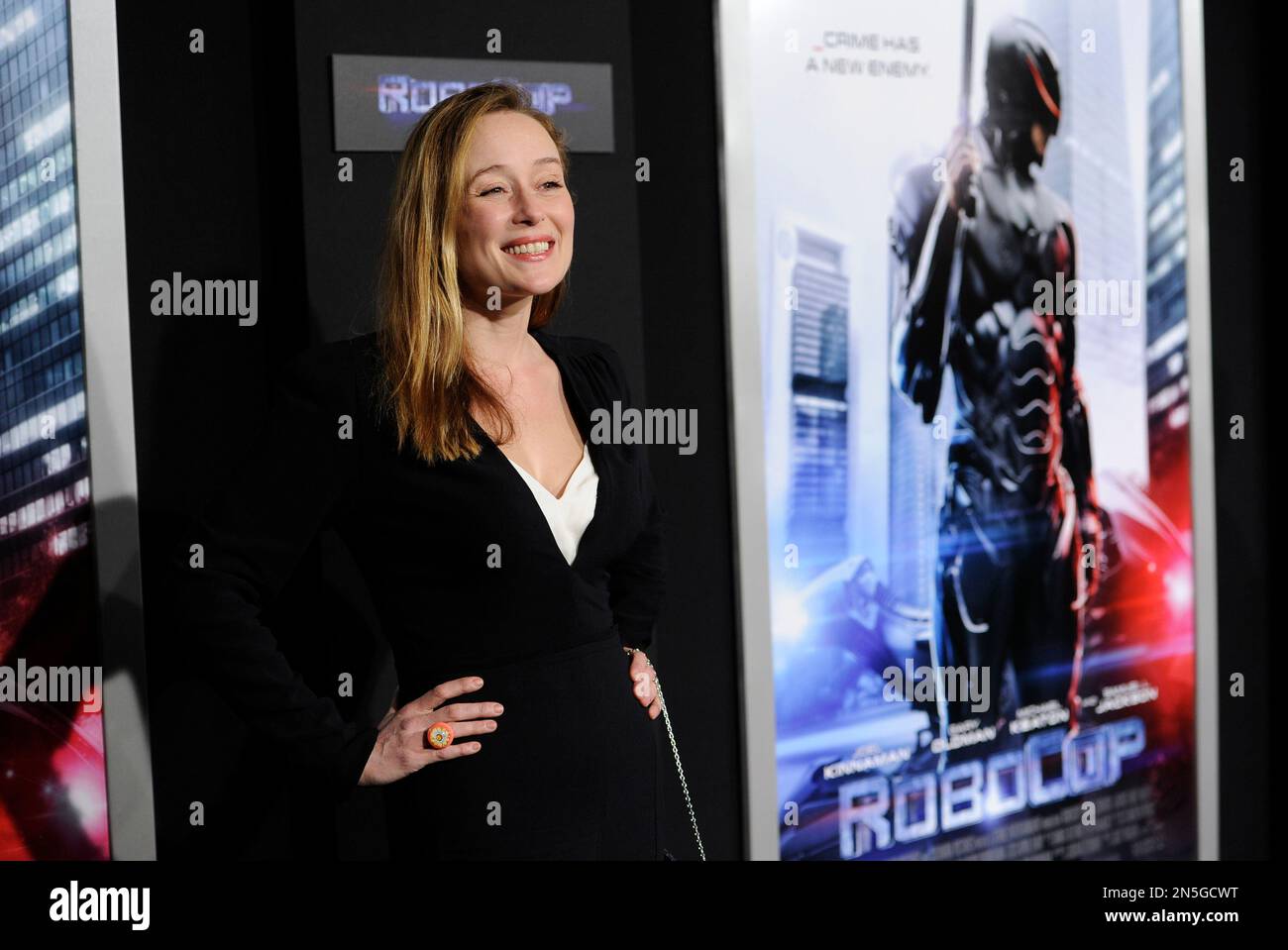 Jennifer Ehle, a cast member in "Robocop," poses at the premiere of the ...