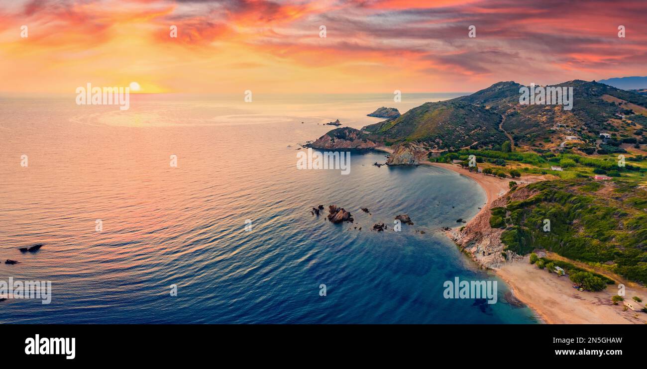 View from flying drone of Cheromylos beach with endless horizon ...