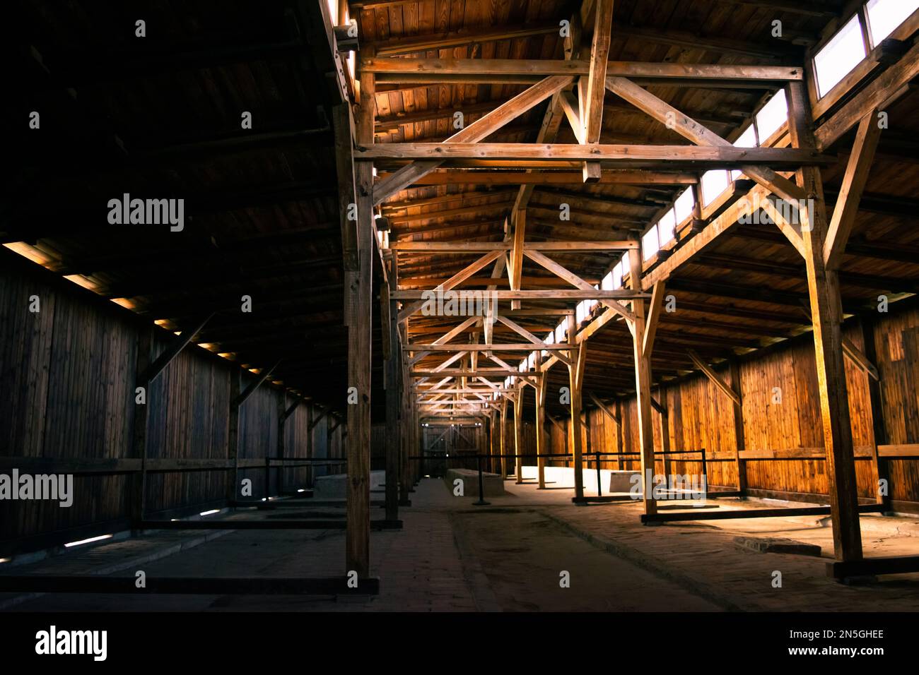 Auschwitz - Birkenau concentration camp. Rebuilt empty barracks ...