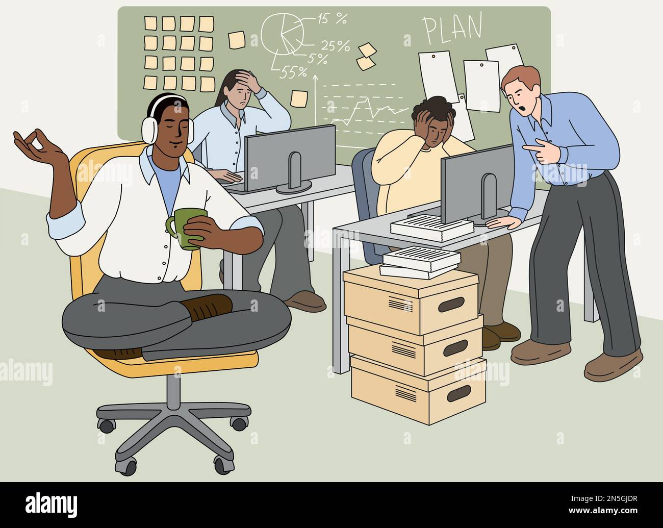 Flat angry boss standing over tired employees and yelling at workers ...