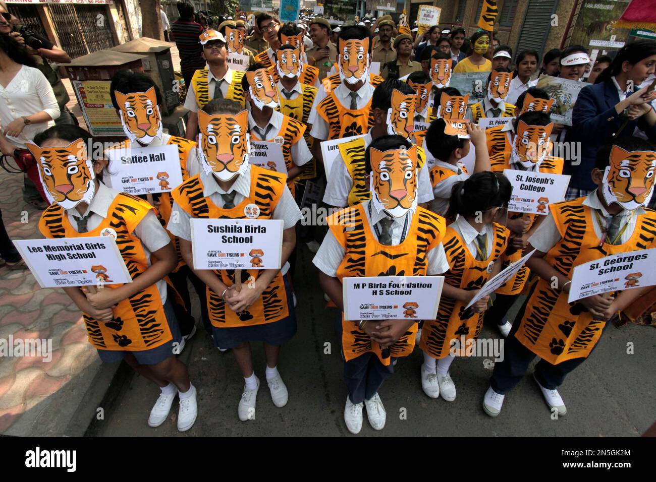 Indian school children wear tiger masks as they participate in an ...