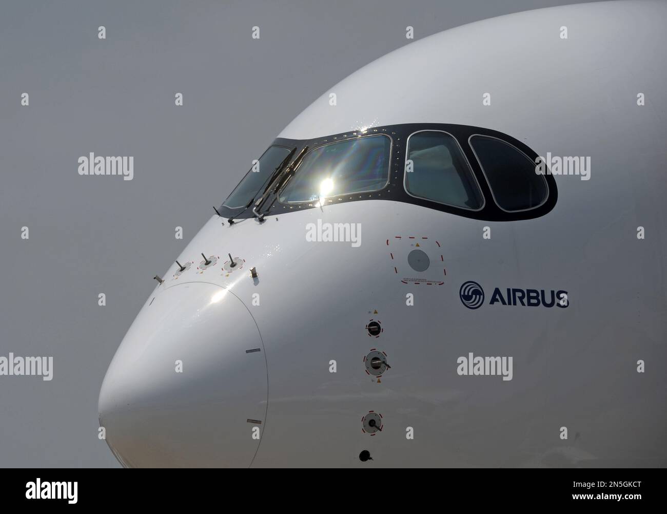 The nose of an Airbus A350-900 test plane is seen at Singapore's Changi ...