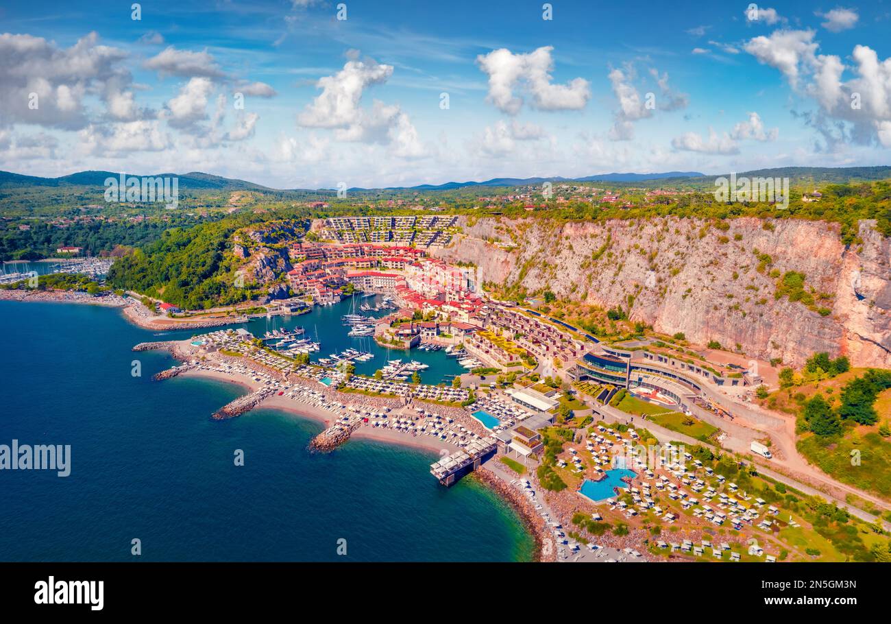 View from flying drone opf Marina di Portopiccolo, Golfo di, Trieste TS ...