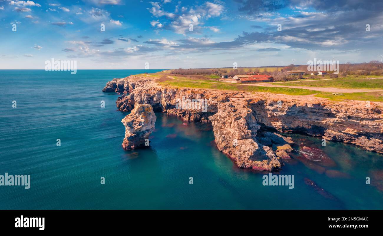 Colorful spring view of popular tourist destination - Tyulenovo cliffs ...
