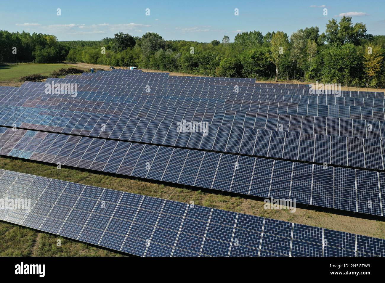 Power plant using renewable solar energy with sun. Solar panels in the ...