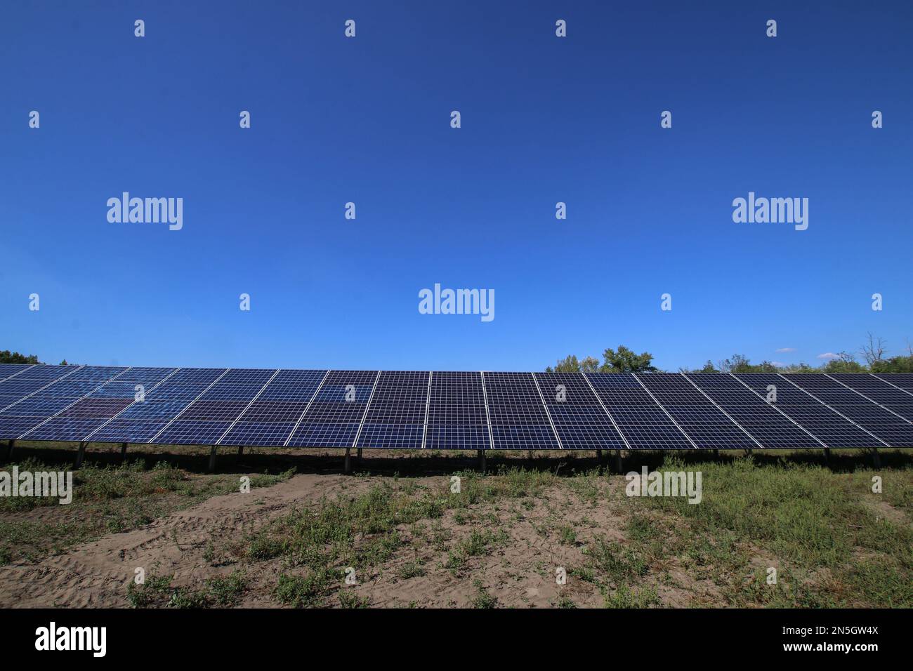 Green field with solar energy panels for renewable electricity ...