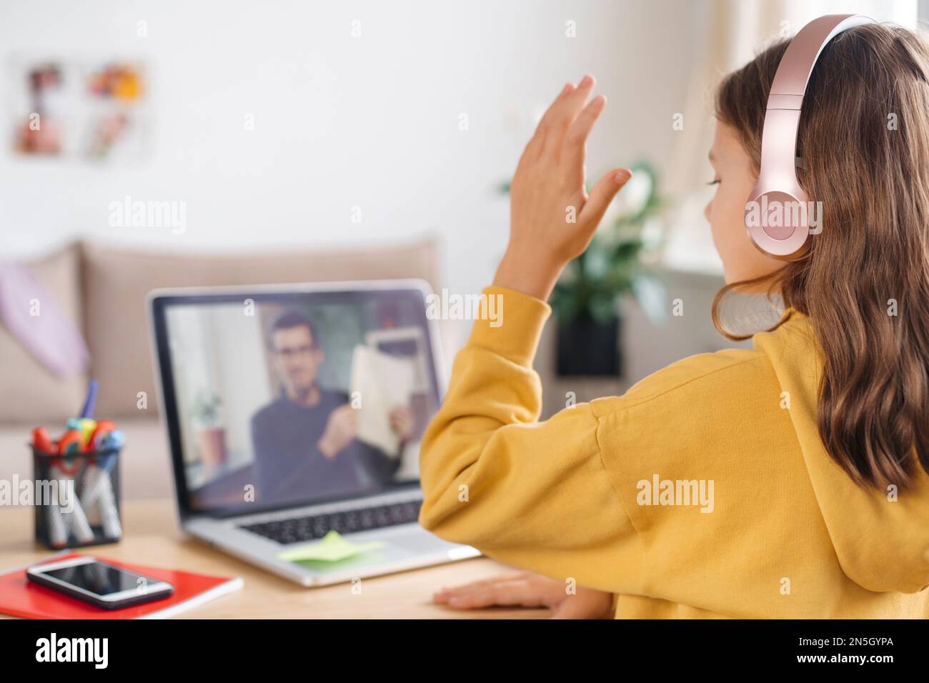 Homeschool little young girl learning virtual internet online class ...